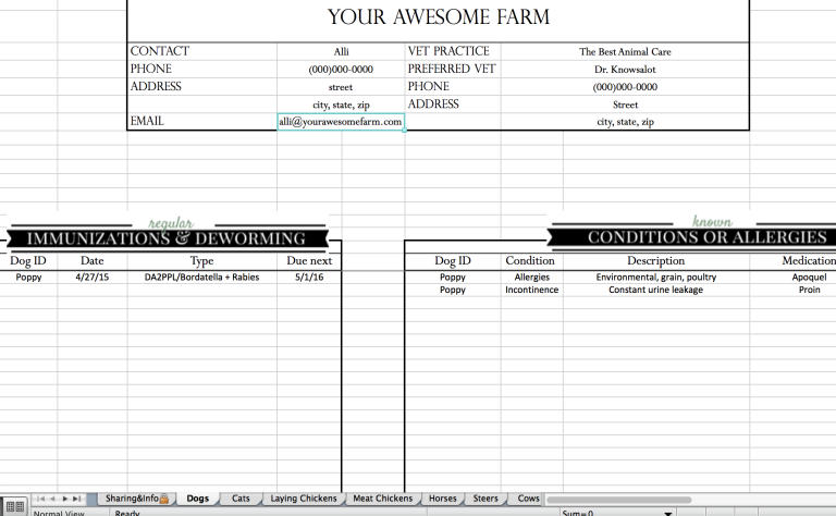 Animal Records Spreadsheet