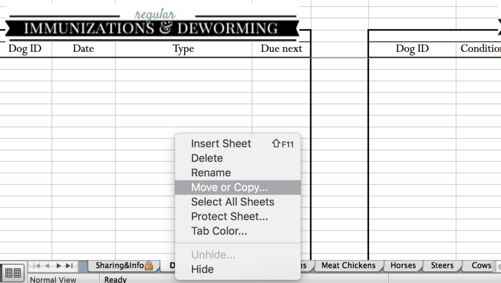 Animal Records Spreadsheet